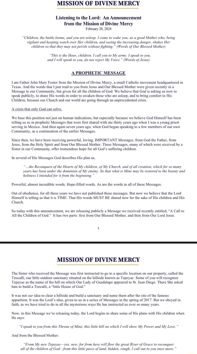 MISSION OF DIVINE MERCY Listening to the Lord: An Announcement from the ...