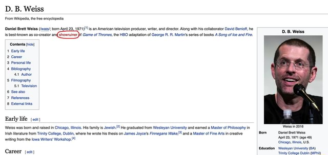 D. B. Weiss From Wikipedia, the free encyclopedia Daniel Brett Weiss ...