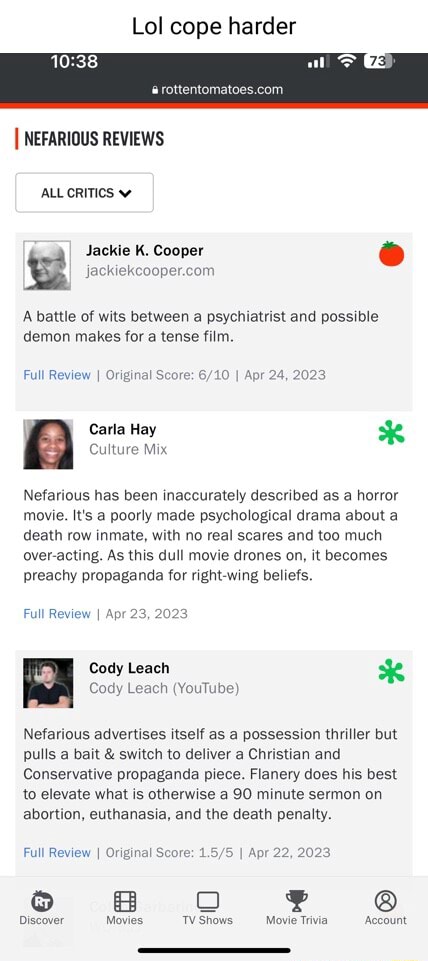 Lol cope harder I NEFARIOUS REVIEWS ALL CRITICS Jackie K. Cooper A ...