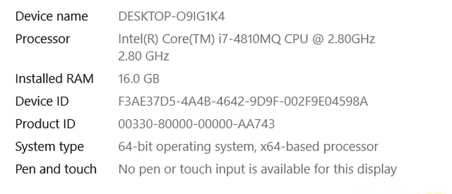 Device name Processor Installed RAM Device ID Product ID System type ...
