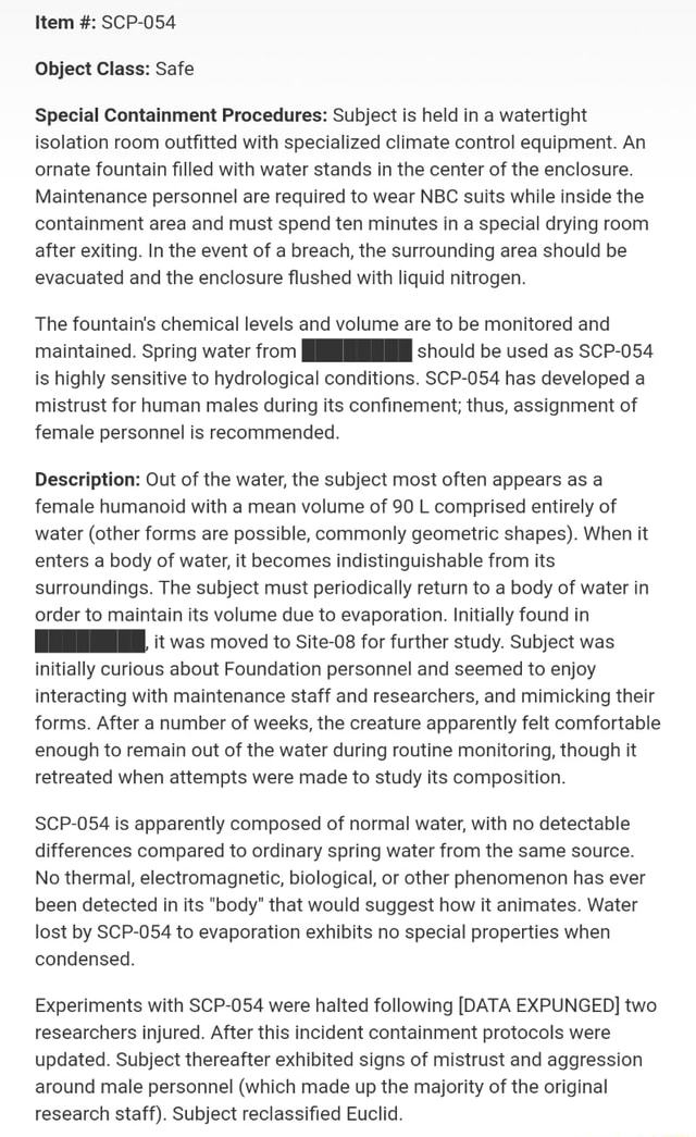 Item SCP-054 Object Class: Safe Special Containment Procedures: Subject ...