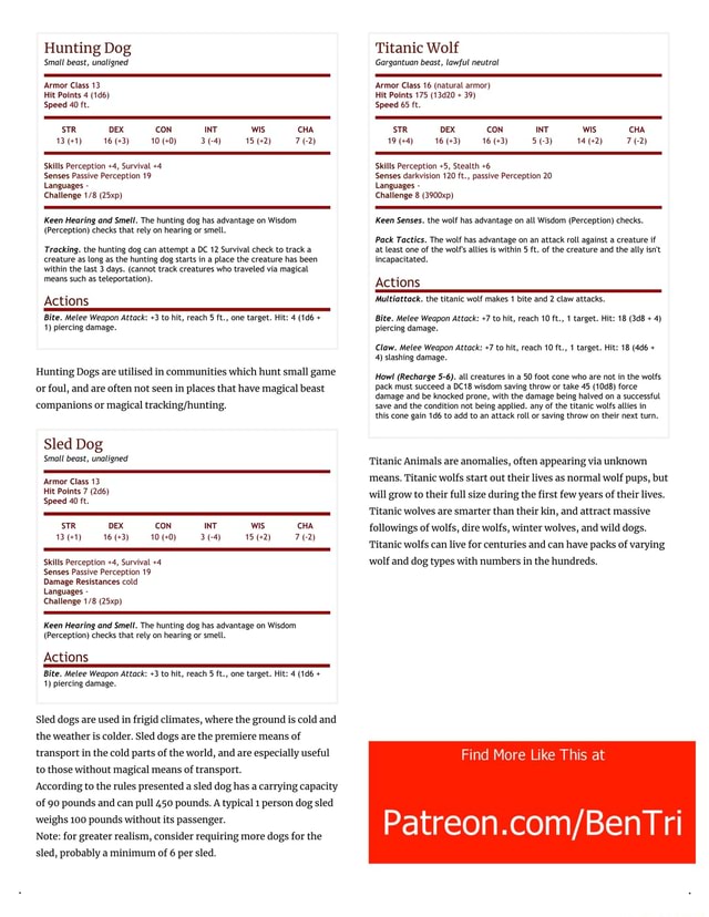 DnD Creature Stat Blocks 1 (dogs) - Hunting Dog Small beast, unaligned ...