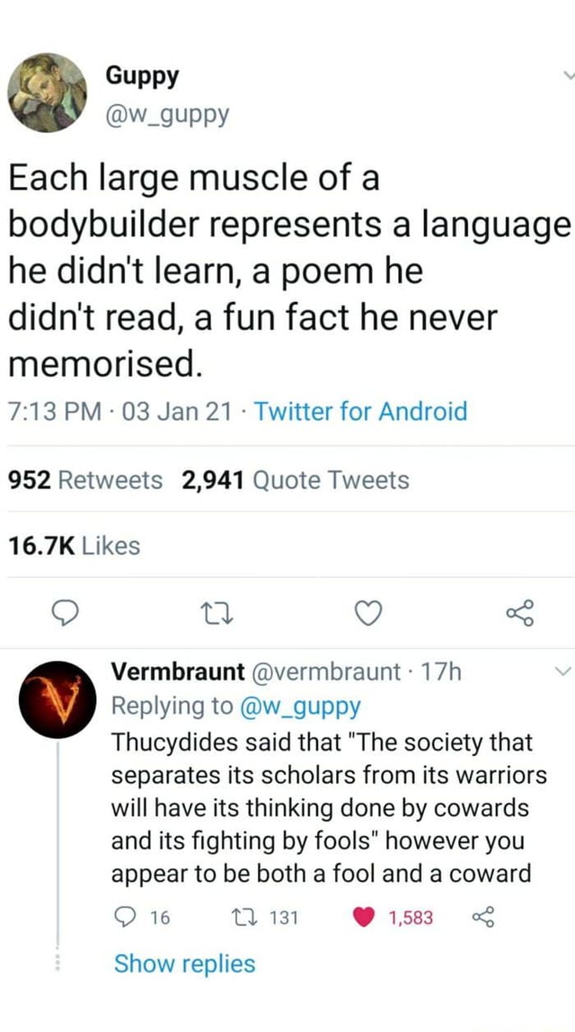 Each large muscle of a bodybuilder represents a language he didn't ...