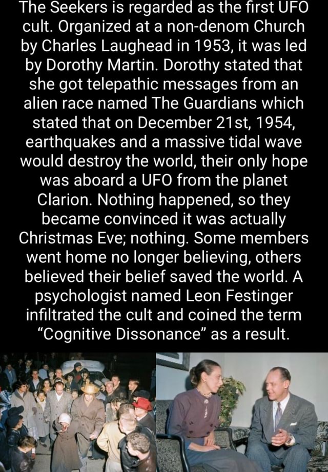 The Seekers is regarded as the first UFO cult. Organized at a non-denom ...