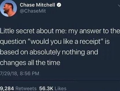 Chase Mitchell @ @ChaseMit Little secret about me: my answer to the ...