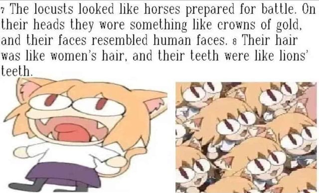The locusts looked like horses prepared for battle. On their heads they ...