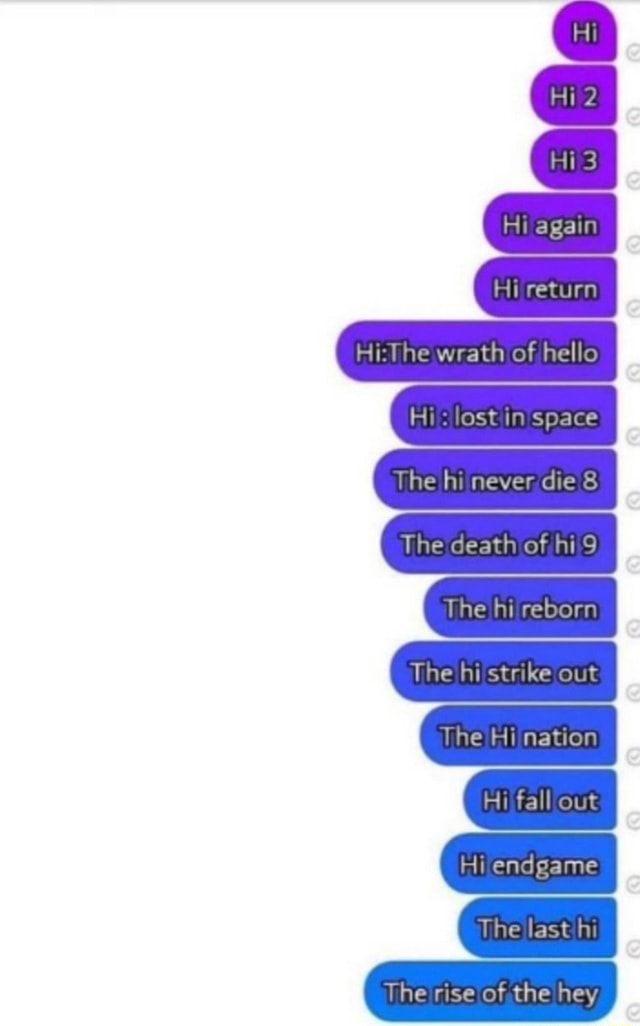 Hi again Hi return wrath of hello Hi lost in space The hi never die 8 ...