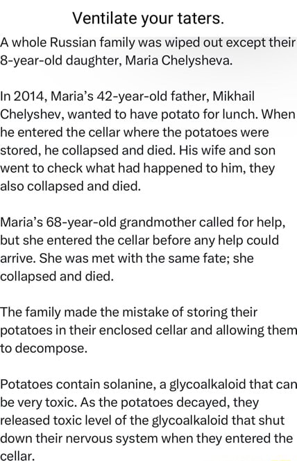 Ventilate your taters. A whole Russian family was wiped out except ...