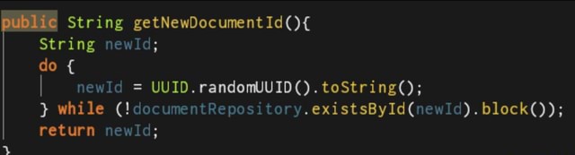 String String do { } while return String getNewDocumentId(){ = UUID ... String String do { } while return String getNewDocumentId(){ = UUID ...