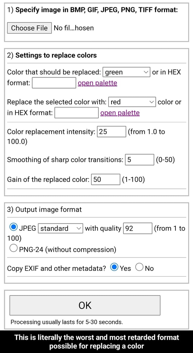 1) Specify image in BMP GIF, JPEG, PNG, TIFF format: Choose File I No fil...hosen 2) Settings to ...