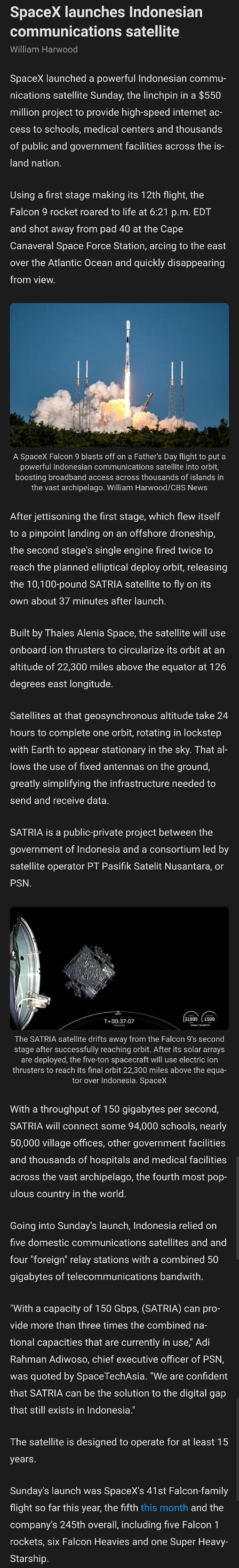 Spacex Launches Indonesian Communications Satellite William Harwood