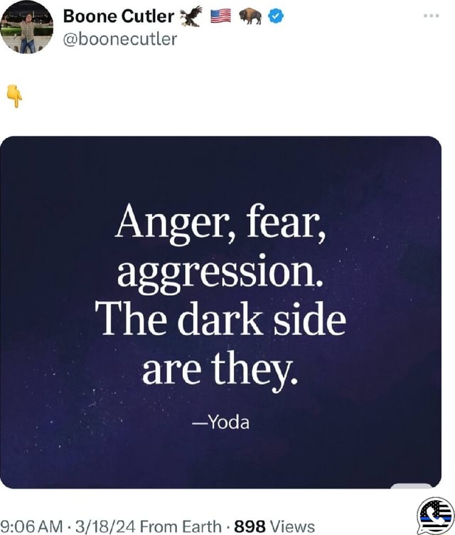 Boone Cutler @boonecutler Anger, fear, aggression. The dark side are they. -Yoda SOB AM From ...