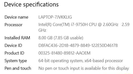 Device specifications Device name Processor Installed RAM Device ID ...