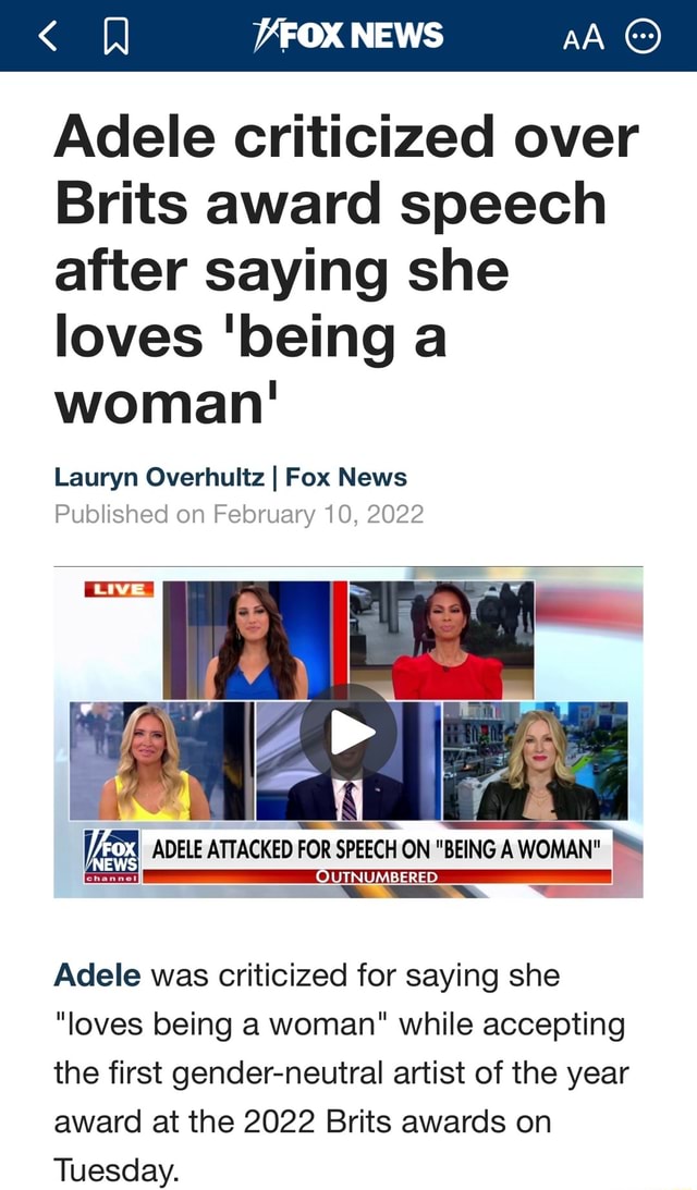 FOX NEWS AA Adele criticized over Brits award speech after saying she ...