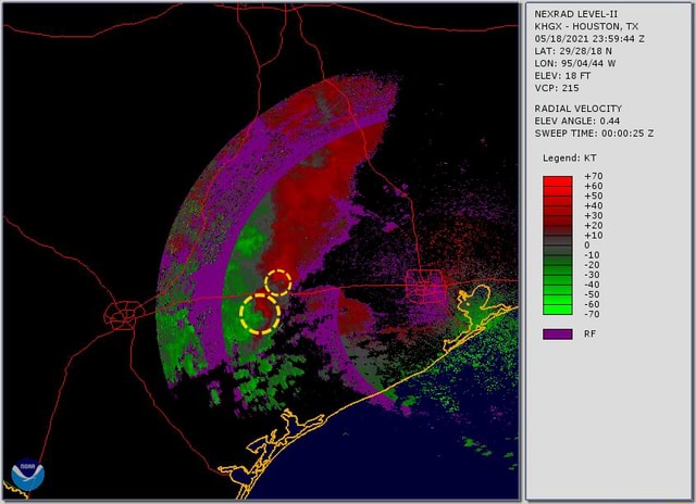 Radial velocity render. This time, red means moving towards the radar ...