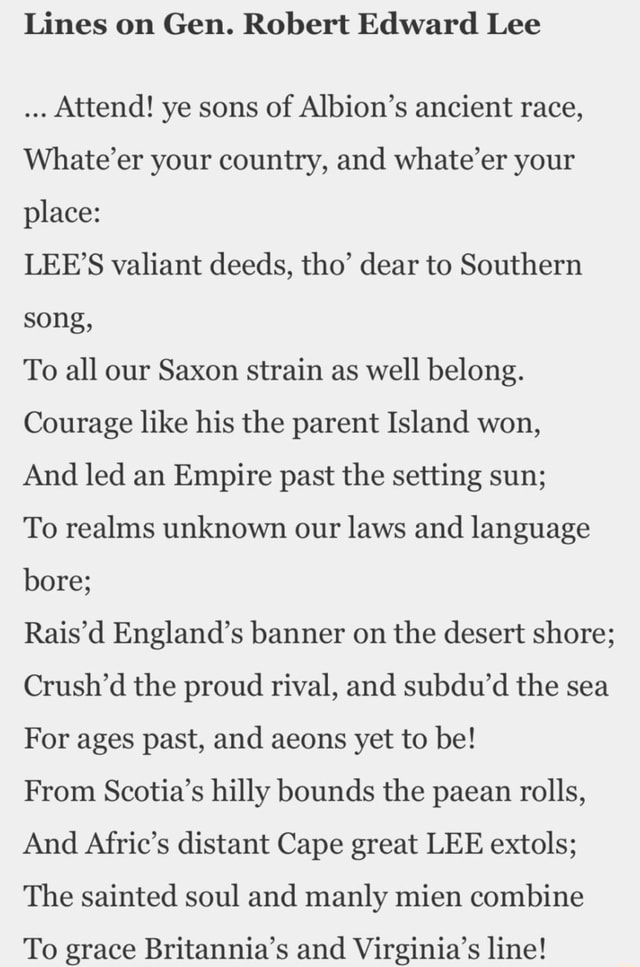 Lines on Gen. Robert Edward Lee Attend! ye sons of Albion's ancient ...