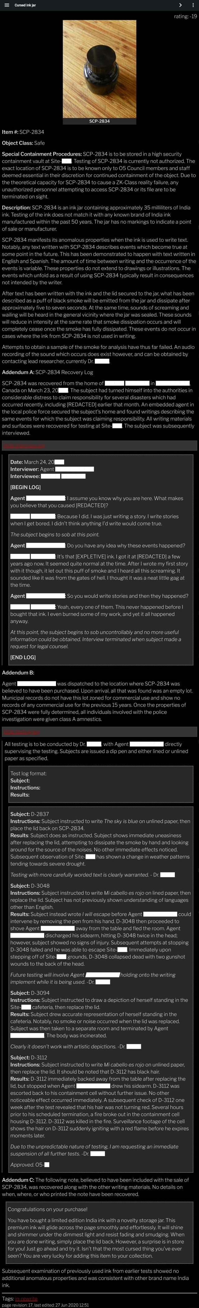 Object Class: Safe Special Containment Procedures: SCP-2834 is to be ...