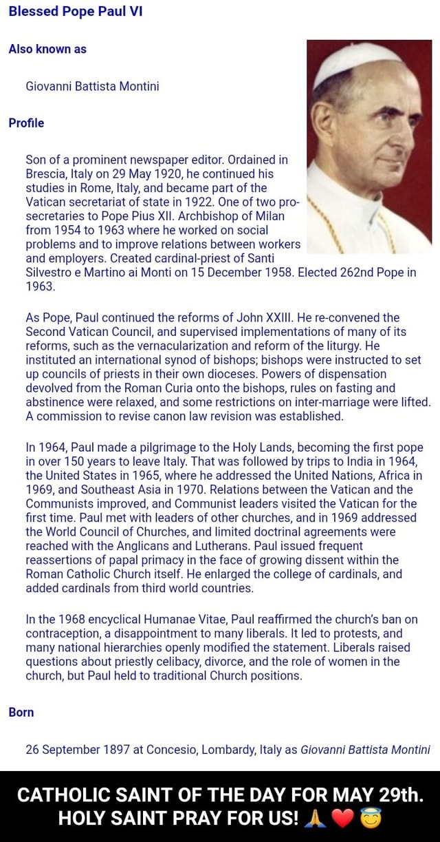 Blessed Pope Paul VI Also known as Giovanni Battista Montini Profile ...