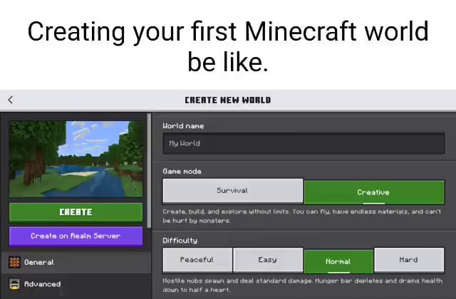 Creating your first Minecraft world be like. CRERTE NEW WORLD Create on Server - iFunny