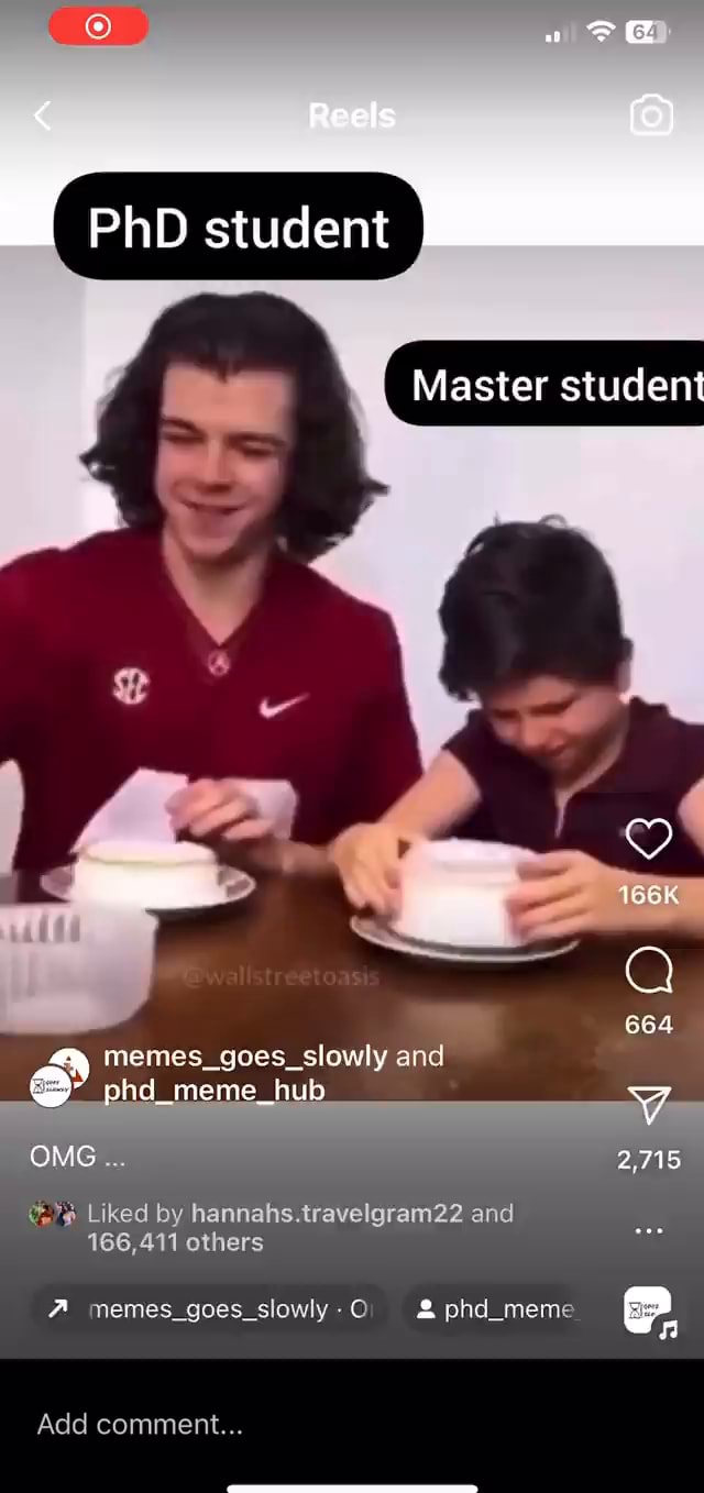 Reels PhD student Master student 166K 664 memes _goes_ slowly and meme ...