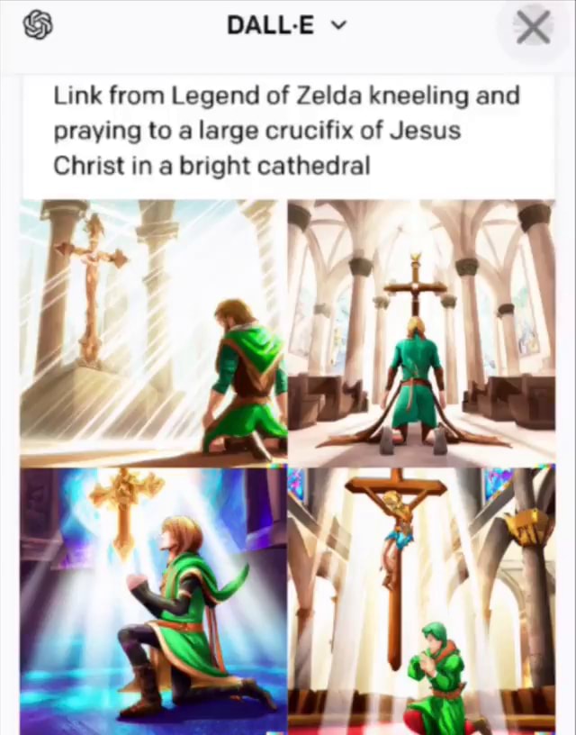 DALL-E Link from Legend of Zelda kneeling and praying to a large ...