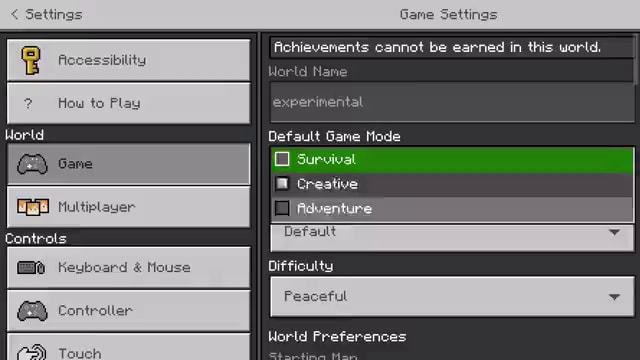 Settings Achievements cannot be earned in this world, World Name ...