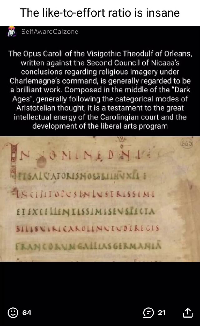 The like-to-effort ratio is insane SelfAwareCalzone The Opus Caroli of ...