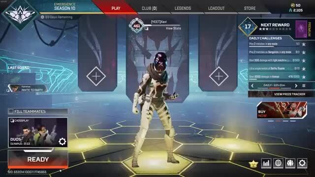 EMERGENCE SEASON 10 PLAY CLUB (0) LEGENDS LOADOUT STORE 205 89 Days ...