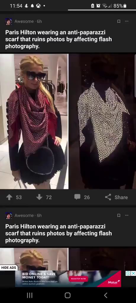 Paris Hilton wearing an anti-paparazzi scarf that ruins photos by ...