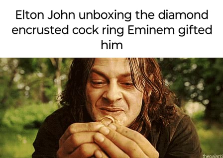 Elton John unboxing the diamond encrusted cock ring Eminem gifted him ...