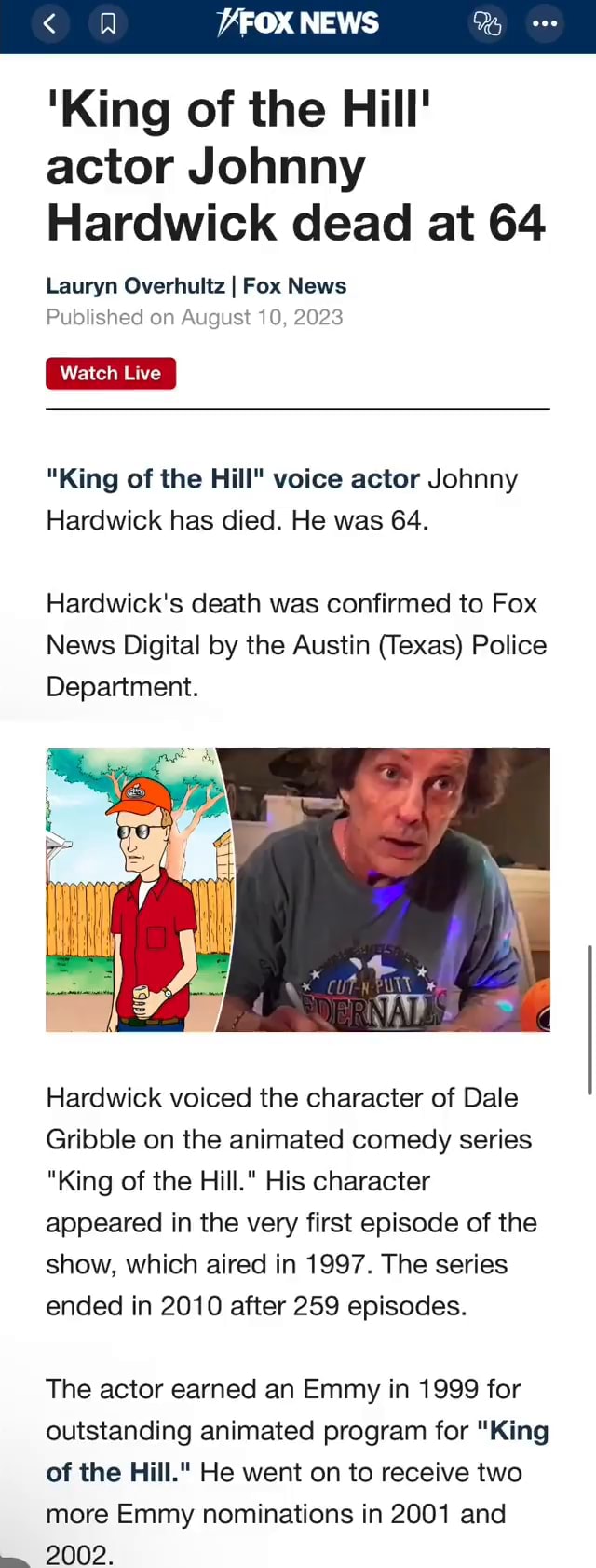 VFOX NEWS 'King of the Hill' actor Johnny Hardwick dead at 64 Lauryn ...