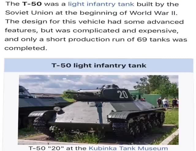The T-50 was a light infantry tank built by the Soviet Union at the ...