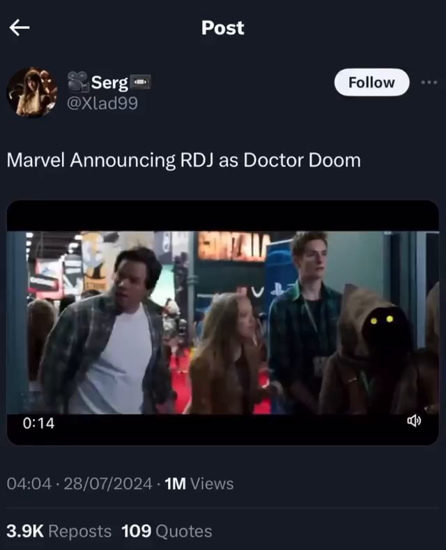 S Post Follow Marvel Announcing RDJ as Doctor Doom - Views 3.9K Reposts ...