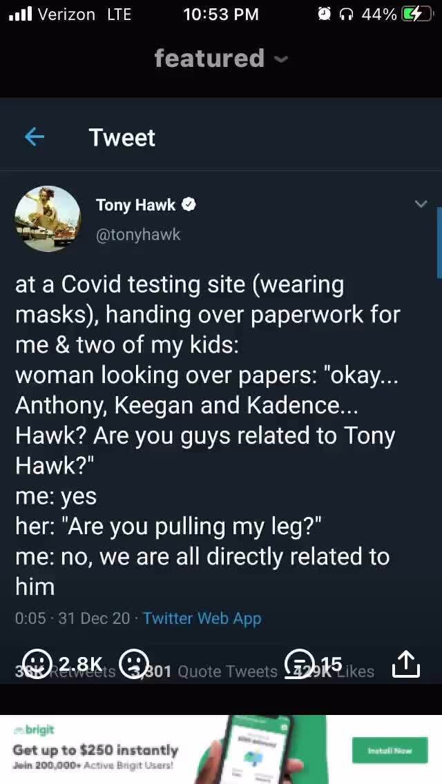All Verizon LTE PM featured ~ Tweet Tony Hawk at a Covid testing site ...