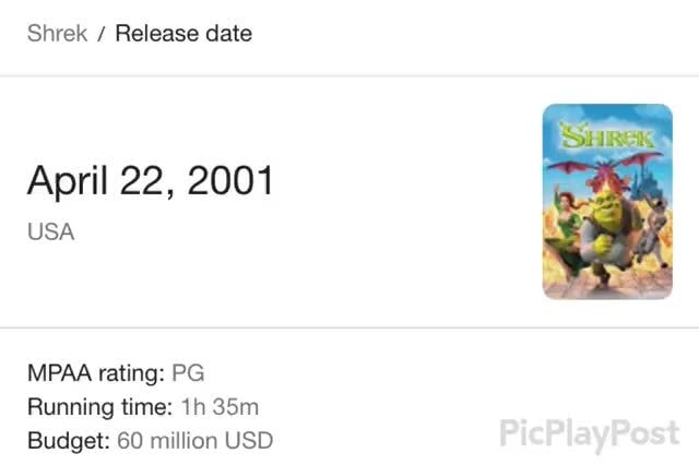 Shrek / Release date April 22, 2001 USA MPAA rating: PG Running time ...