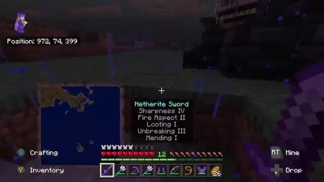 Position: 972, 74, 399 Netherite Sword Sharpness IV Fire Aspect II Looting I Unbreaking III ...
