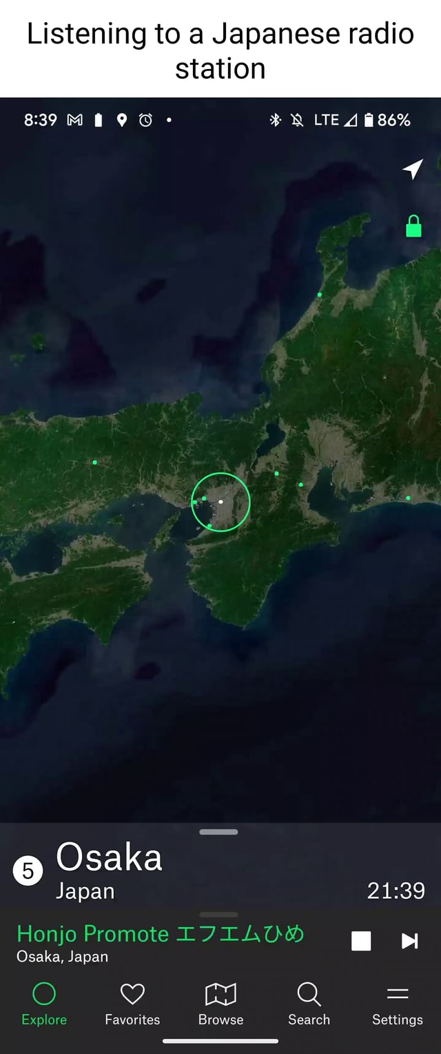 Listening to a Japanese radio station MM LTE 86% ff Osaka Japan Honjo ...