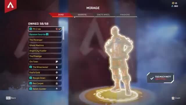 MIRAGE SKINS BANNERS EMOTE WHEEL FINISHERS @is 360 FINISHERS OWNED I ...
