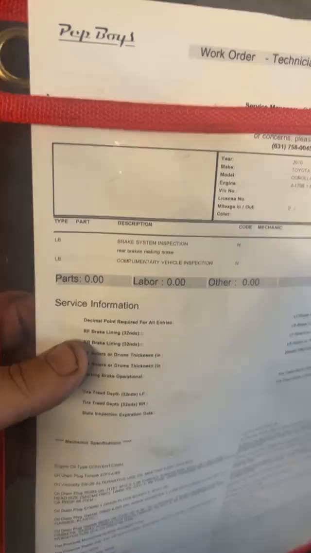 Work Order Pep Boys Technics (031) 766.004: PART uu COMPLIMENTARY ...