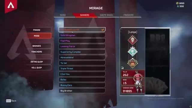 @1650 MIRAGE SKINS BANNERS EMOTE WHEEL FINISHERS FRAME POSE Solid ...