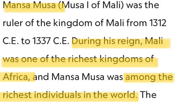 Mansa Musa (Musa I of Mali) was the ruler of the kingdom of Mali from ...