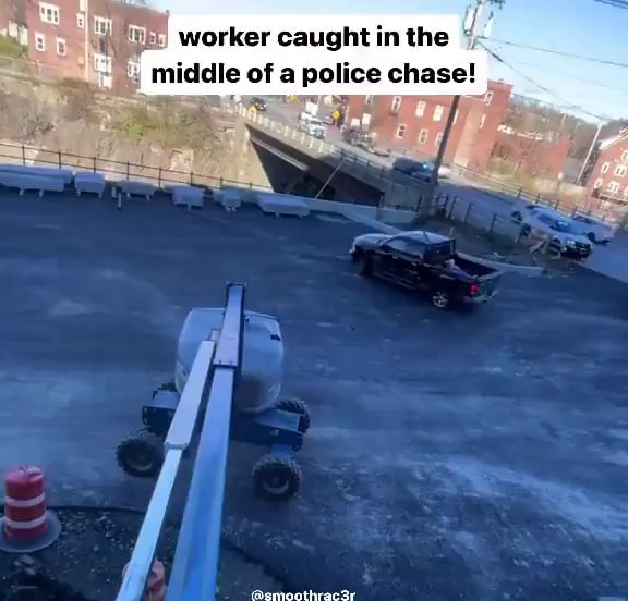 Worker caught in the middle of a police chase! ch - iFunny