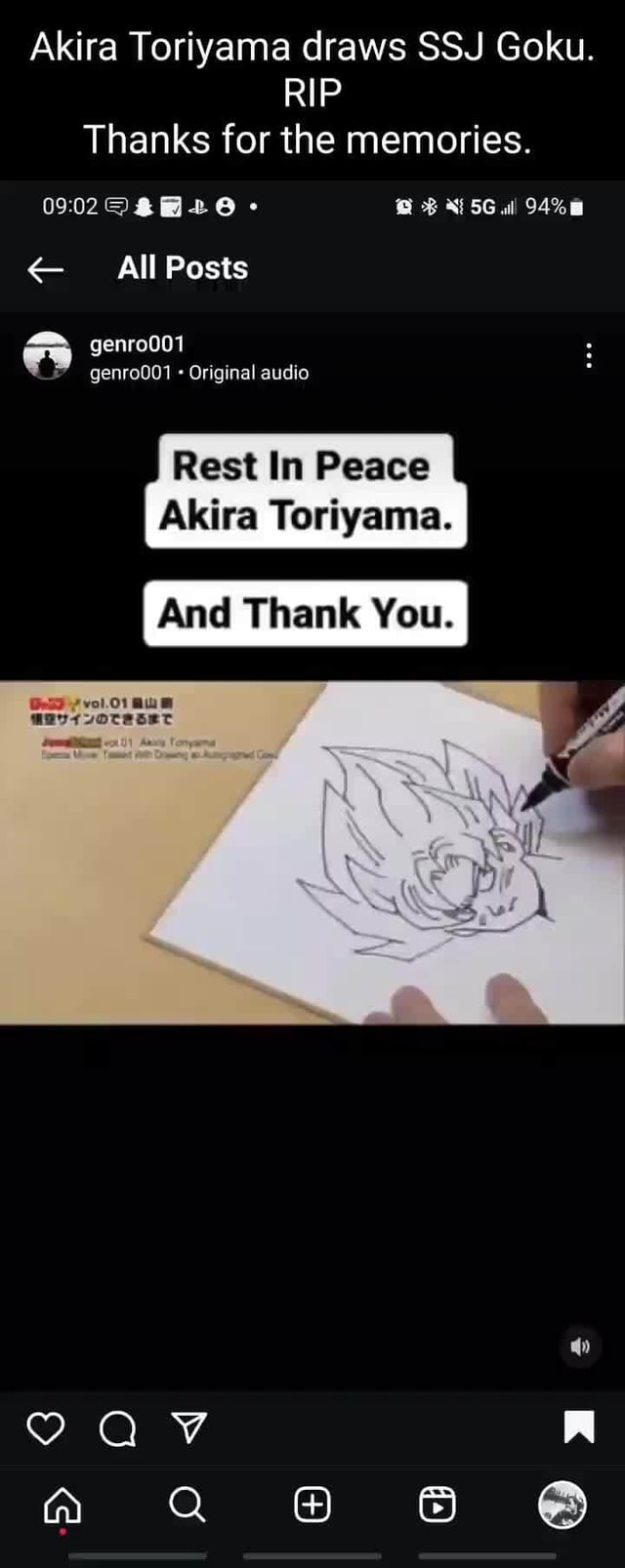 Akira Toriyama draws SSJ Goku. RIP Thanks for the memories. 0902 &HLO ...