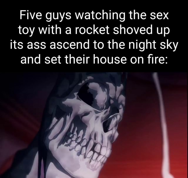 Five Guys Watching The Sex Toy With A Rocket Shoved Up Its Ass Ascend To The Night Sky And Set