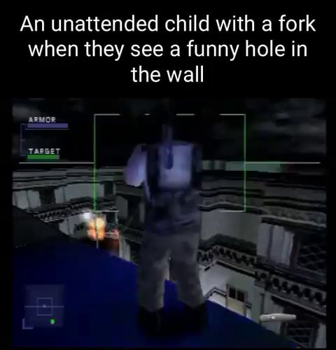 An unattended child with a fork when they see a funny hole in the wall ...