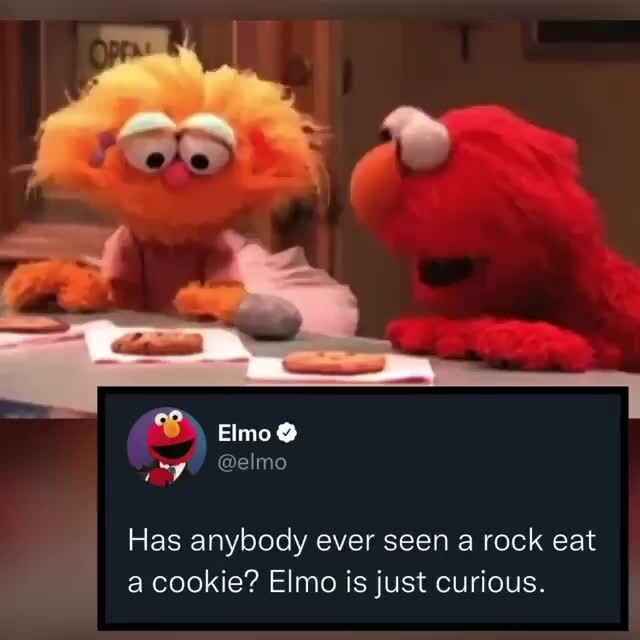 Elmo@ @elmo Has anybody ever seen a rock eat a cookie? Elmo is just ...