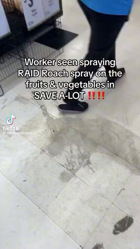 Worker seen spraying RAID Reach spray an the fruits & vegetables in ...