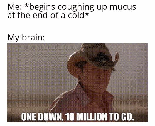 Me: *begins coughing up mucus at the end of a cold My brain: ONE DOWN ...