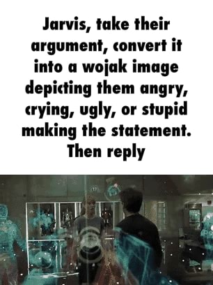 Jarvis, take their argument, convert it into a wojak image depicting ...