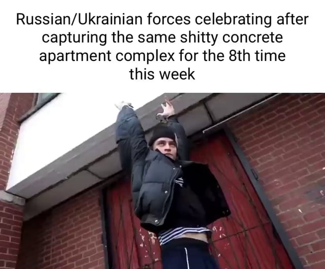 Forces celebrating after capturing the same shitty concrete apartment ...